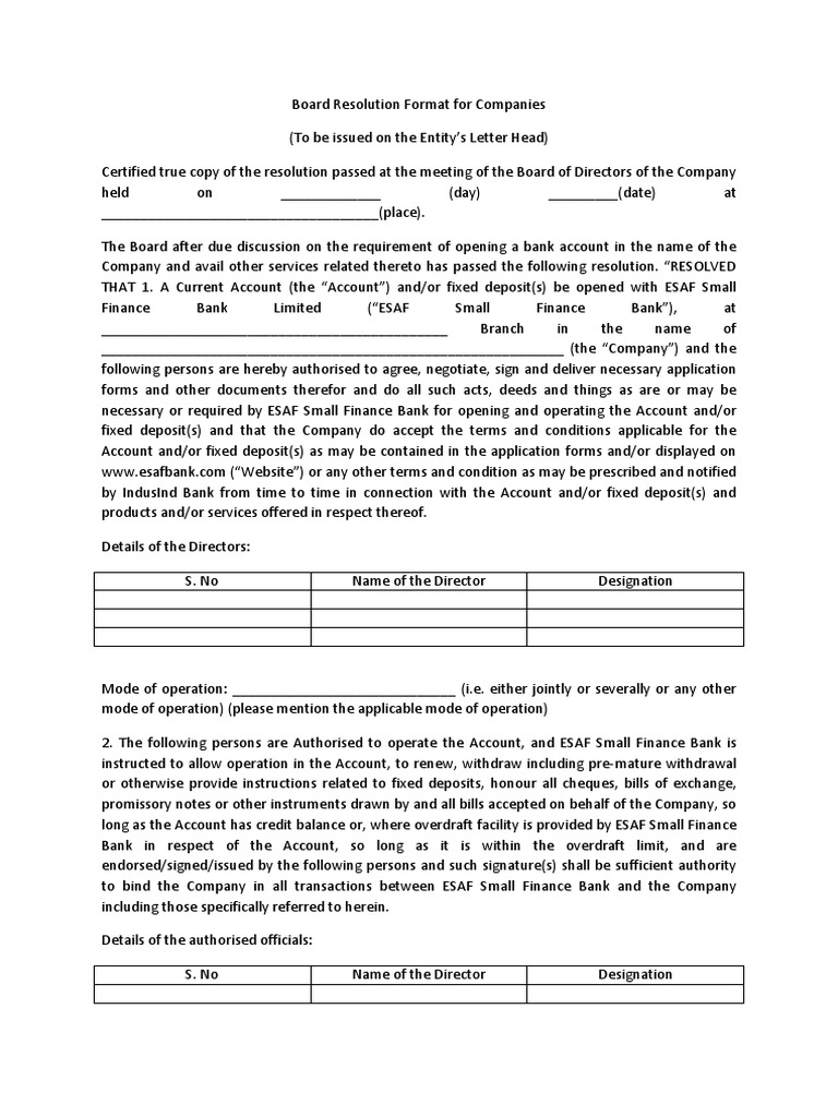Board Resolution Format For Companies-2 | PDF | Overdraft | Banks