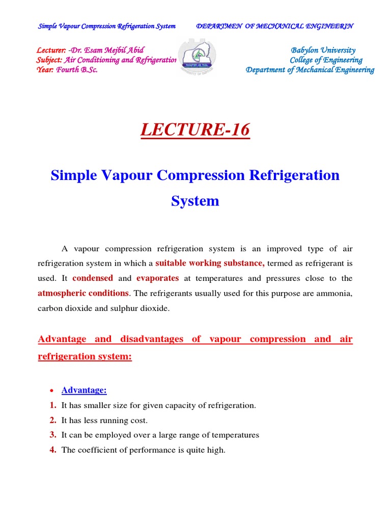 Lecture-16: Simple Vapour Compression Refrigeration System | PDF ...