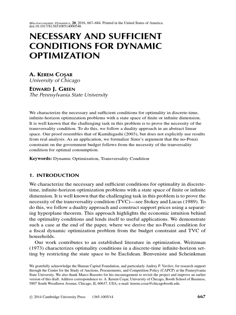 Necessary and Sufficient Conditions For Dynamic Optimization | PDF | Mathematical Optimization ...
