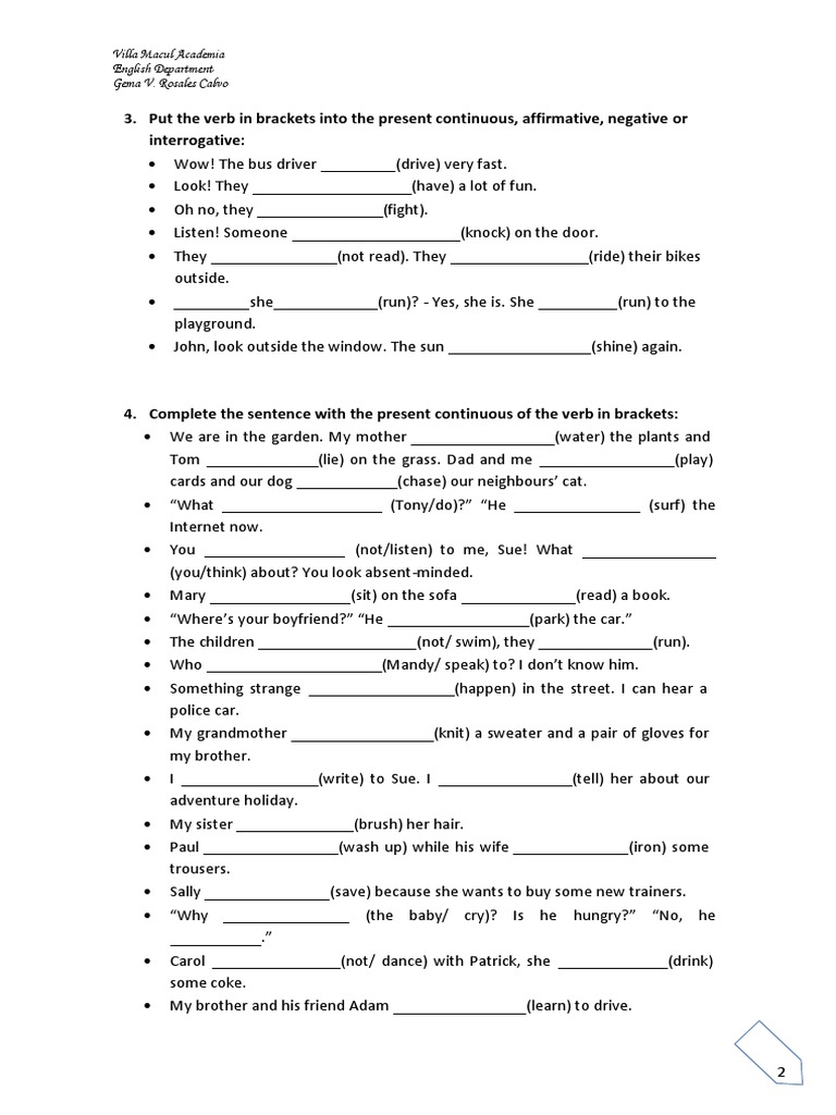 Present Continuous Exercises | PDF