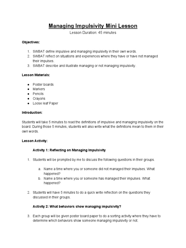 Managing Impulsivity Mini Lesson | PDF | Impulsivity | Epistemology