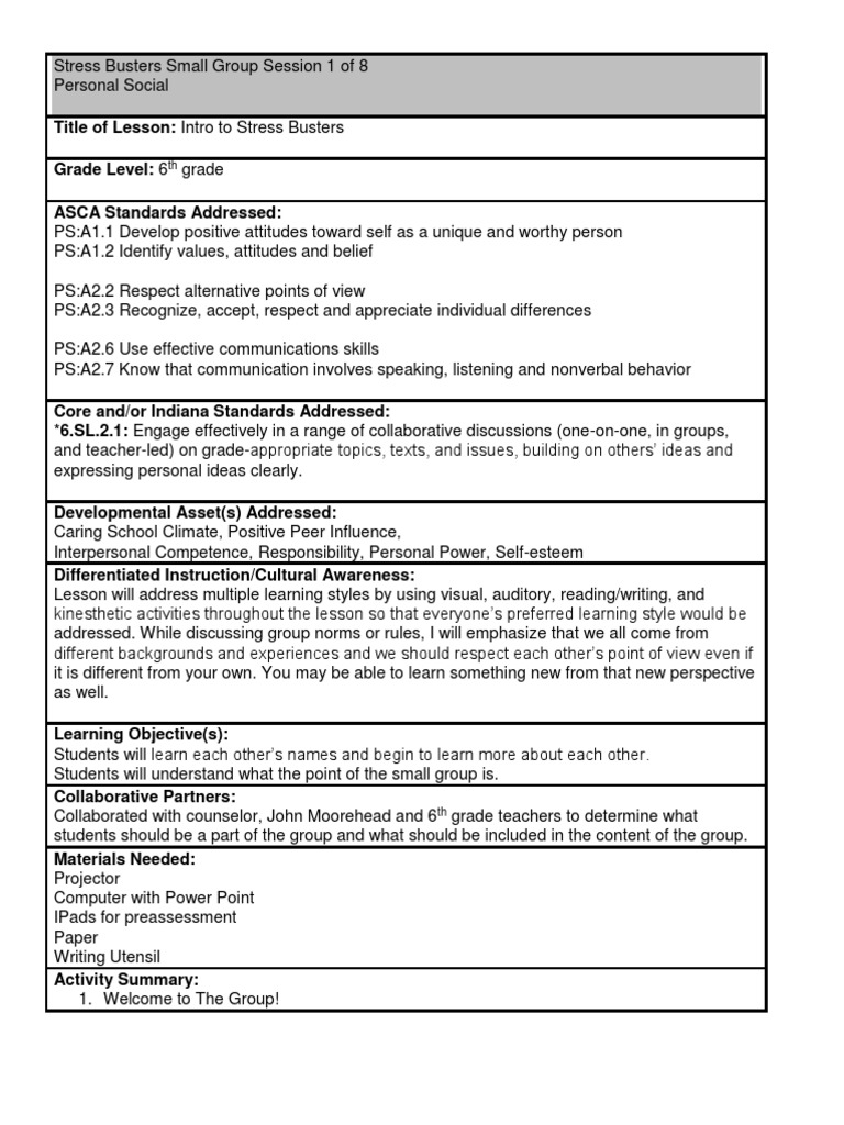 Stress Busters Group Lesson Plan | PDF | Differentiated Instruction ...
