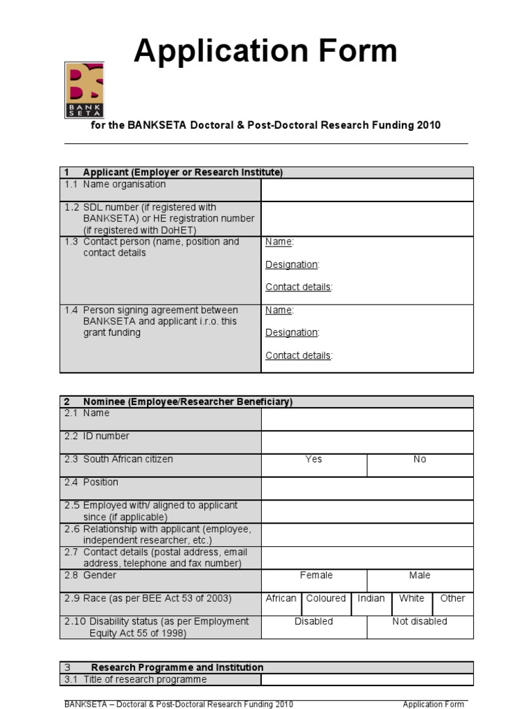BANKSETA D&PD 2010 Application Form | PDF | Doctorate | Employment