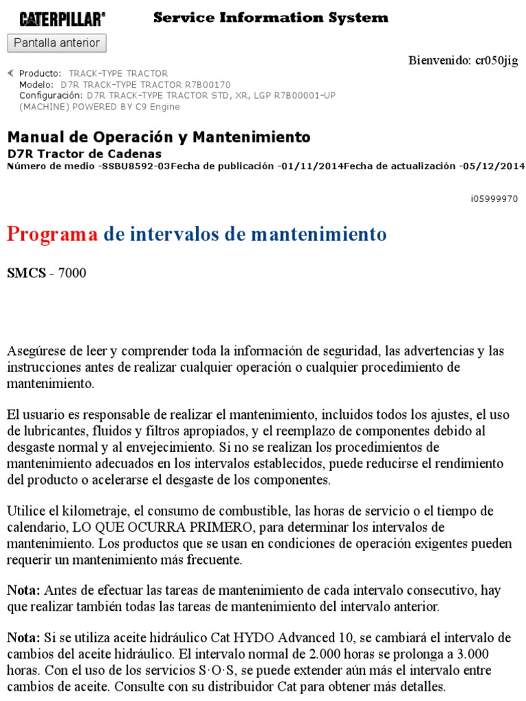 Programa de Intervalos de Mantenimiento de Topadoras Caterpillar D7R ...
