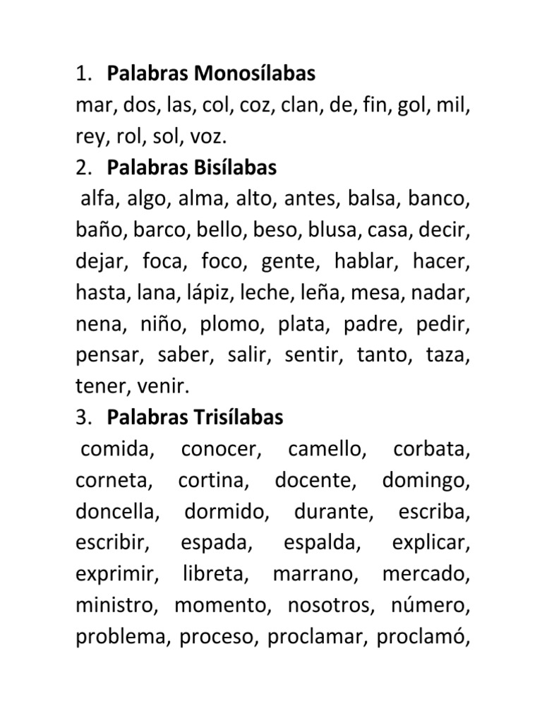 Ejemplos de Palabras Monosílabas | PDF