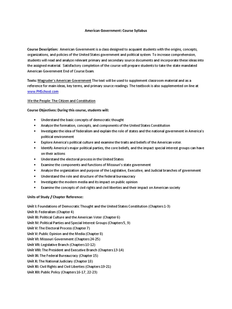 American Government Course Syllabus | PDF | Federal Government Of The ...