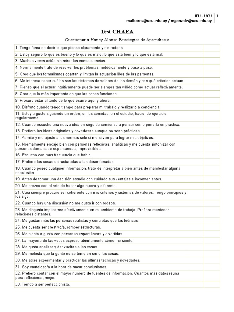 Test CHAEA: Estrategias de Aprendizaje | PDF | Intuición | Science