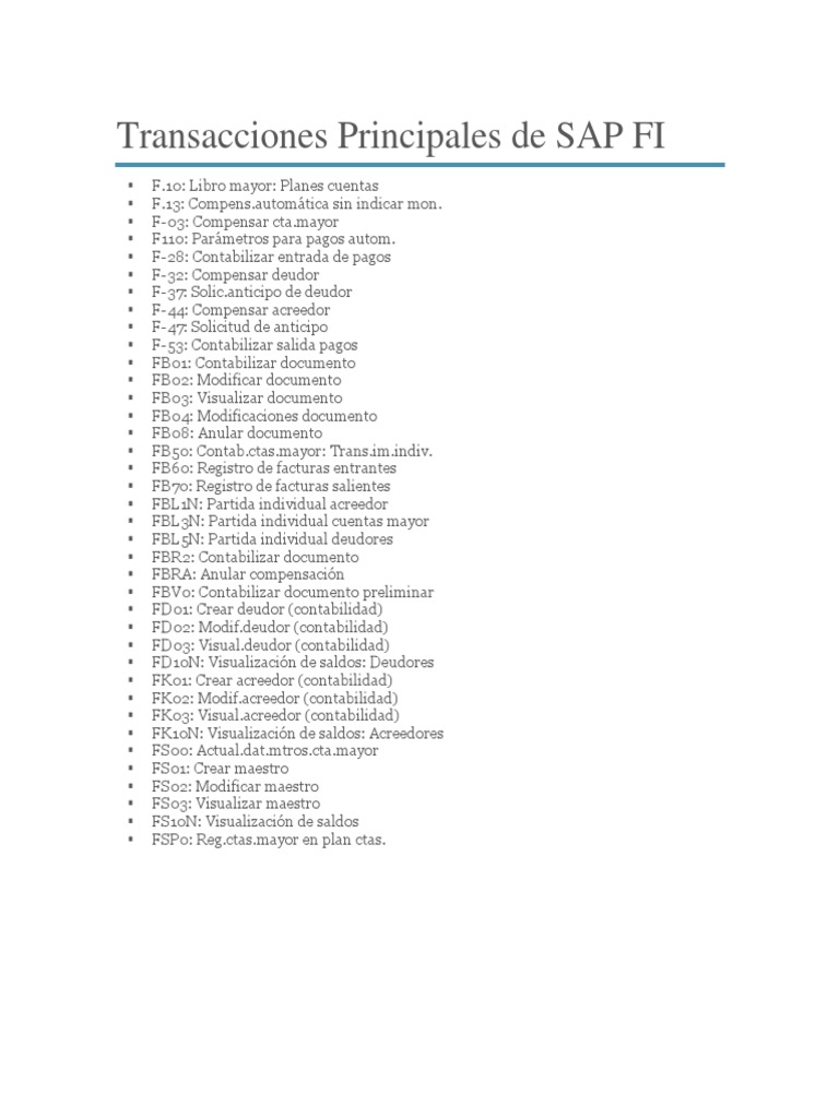 Transacciones Principales de SAP Modulo FI | PDF