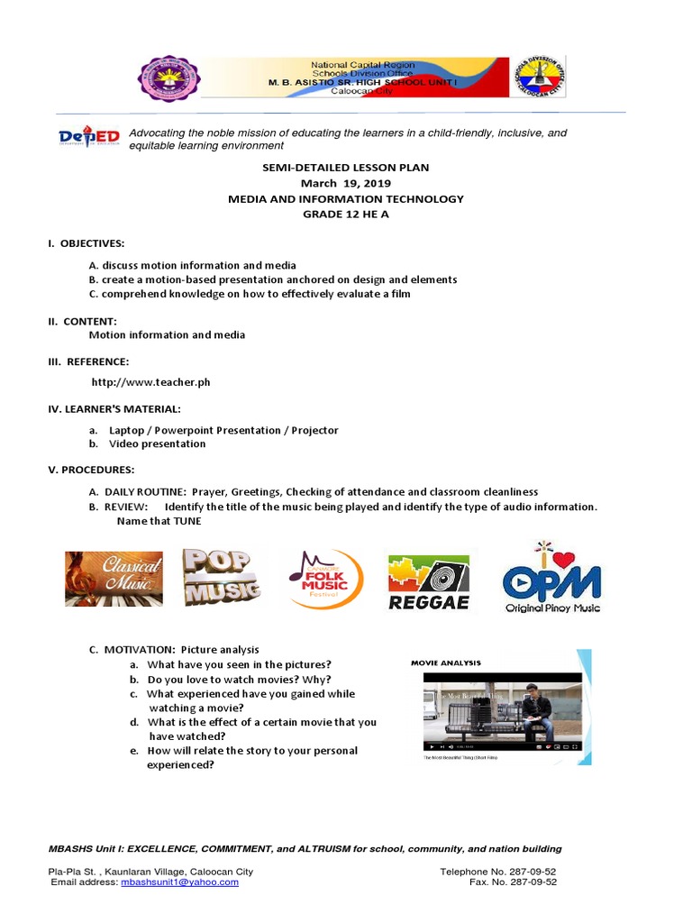 Lesson Plan Demo-Motion Media and Information2 | PDF | Rubric (Academic ...