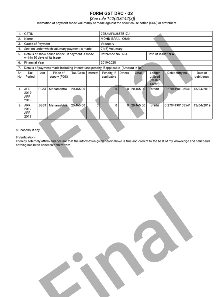 Final: Form GST DRC - 03 | PDF
