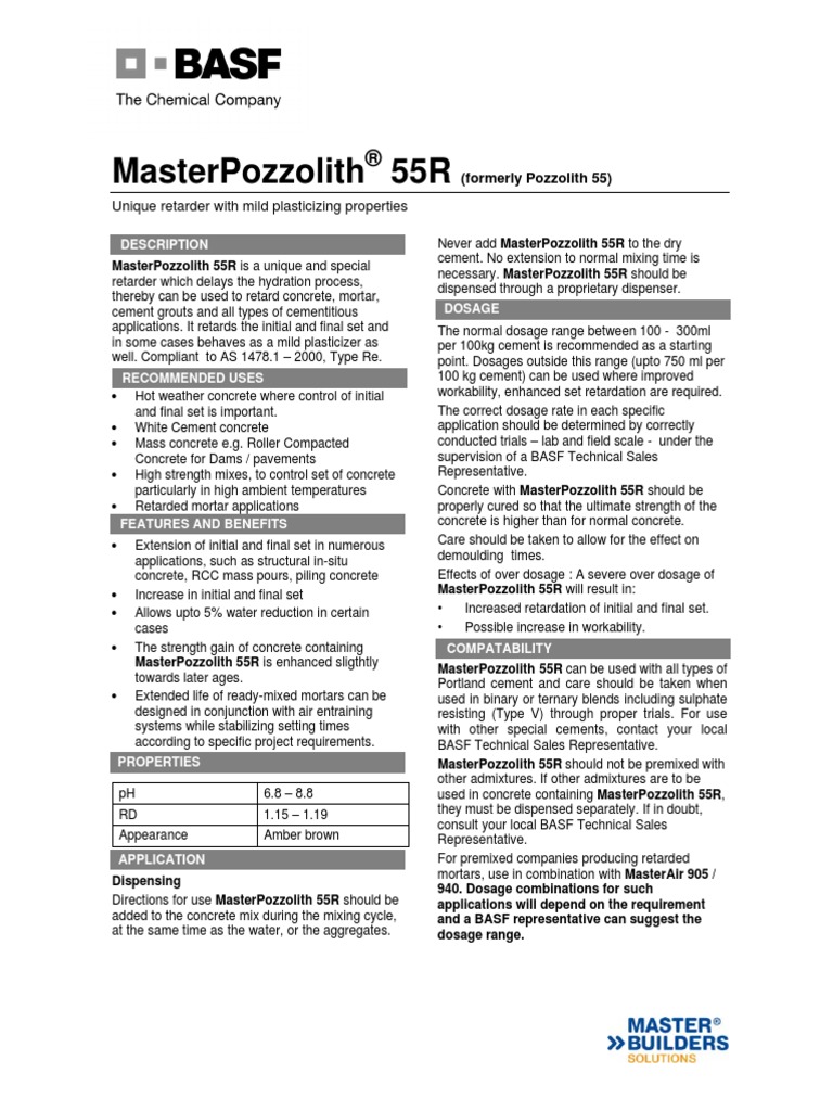 Basf Masterpozzolith 55 Tds | PDF | Concrete | Cement