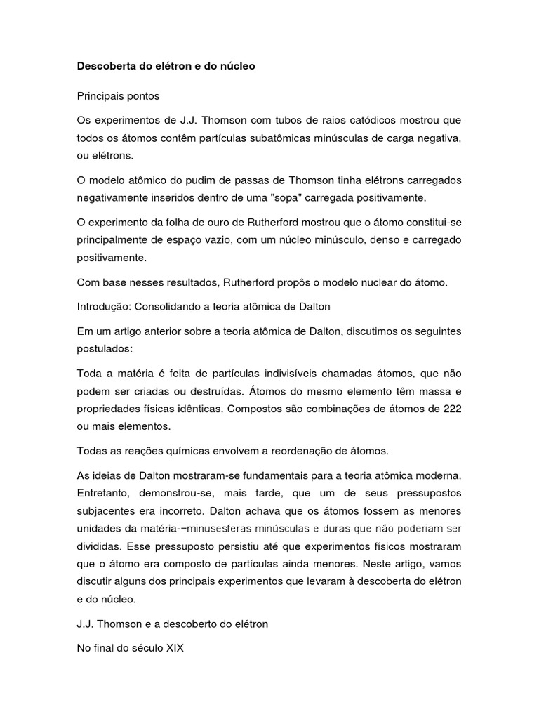A Descoberta Do Eletron Pdf Elétron átomos