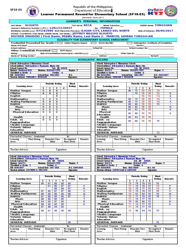SF10-ES: Learner'S Personal Information | PDF | Change | Behavior ...