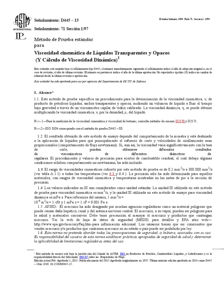 Norma Astm D 445 | PDF | Viscosidad | Calibración