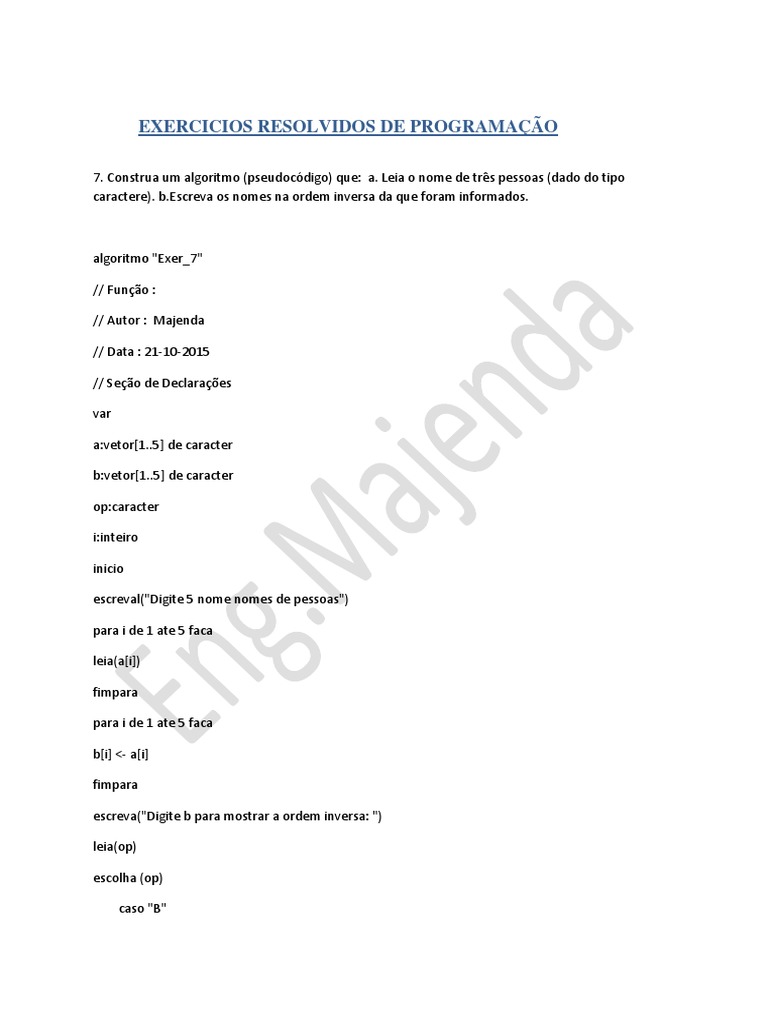 EXERCICIOS RESOLVIDOS DE PROGRAMAÇÃO Visualg PDF | PDF | Algoritmos ...