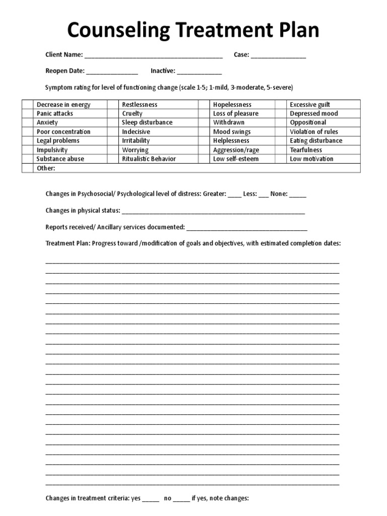 Counseling Treatment Plan Template | PDF | Anxiety | Depression (Mood)