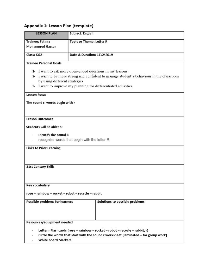 Letter R Lesson Plan | PDF | Lesson Plan | Applied Psychology
