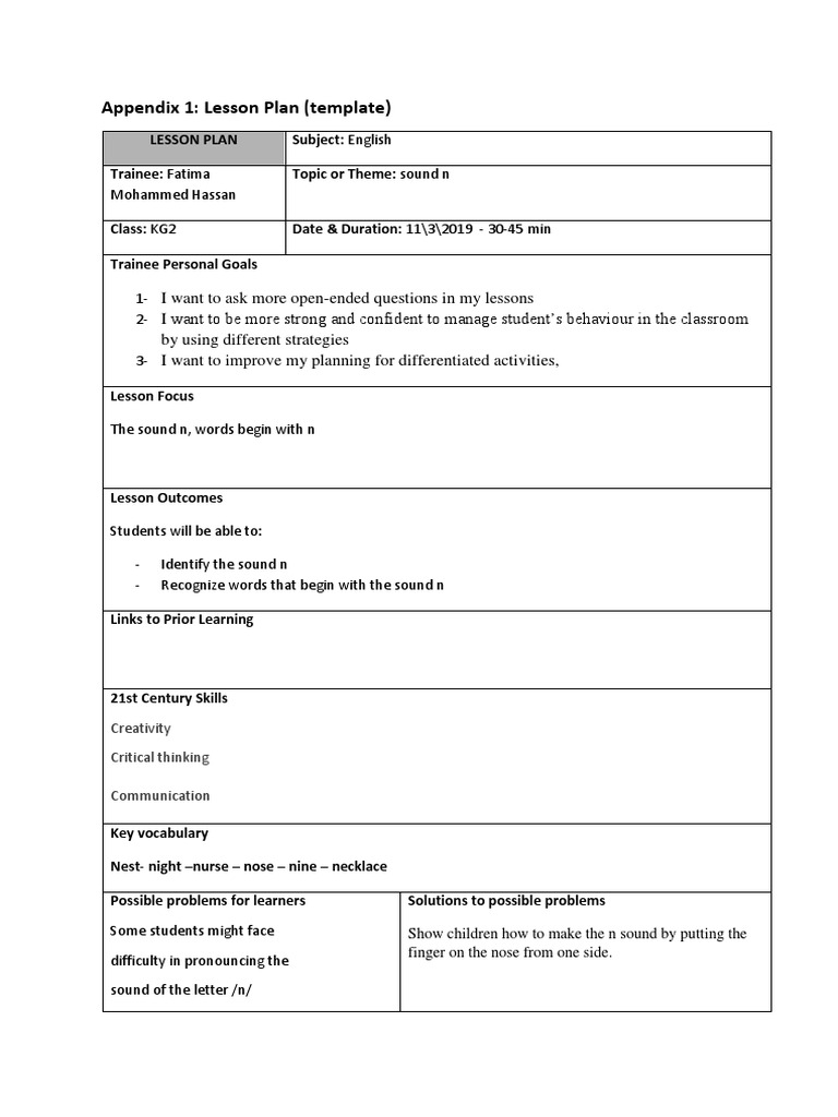 Appendix 1: Lesson Plan (Template) : Creativity Critical Thinking ...