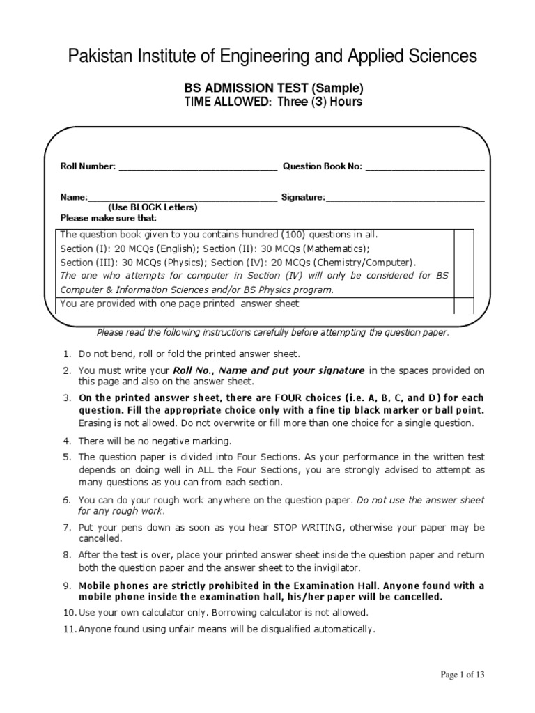 PIEAS Sample Test Paper For BS Engineering | PDF | Speed Of Light ...