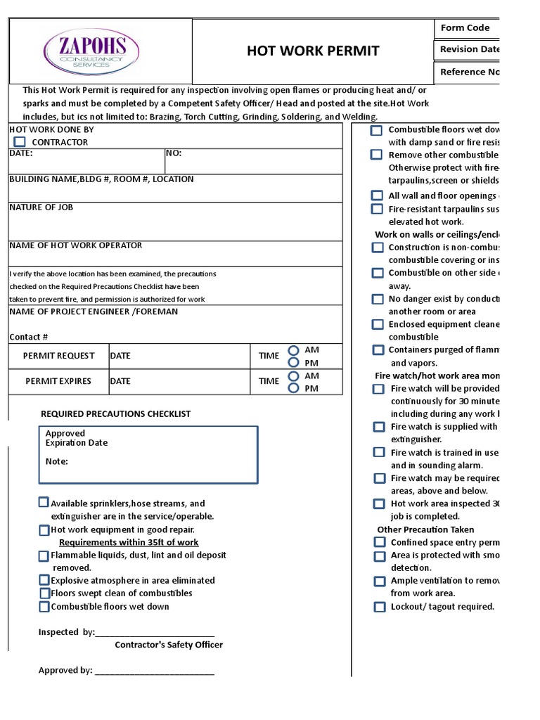 Hot Work Permit: Work On Walls or Ceilings/enclosed Equipment | PDF ...