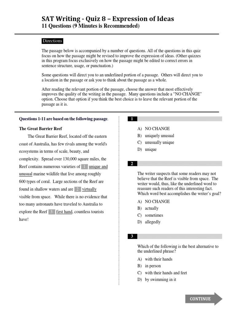 SAT Writing - Quiz 8 - Expression of Ideas: 11 Questions (9 Minutes Is ...