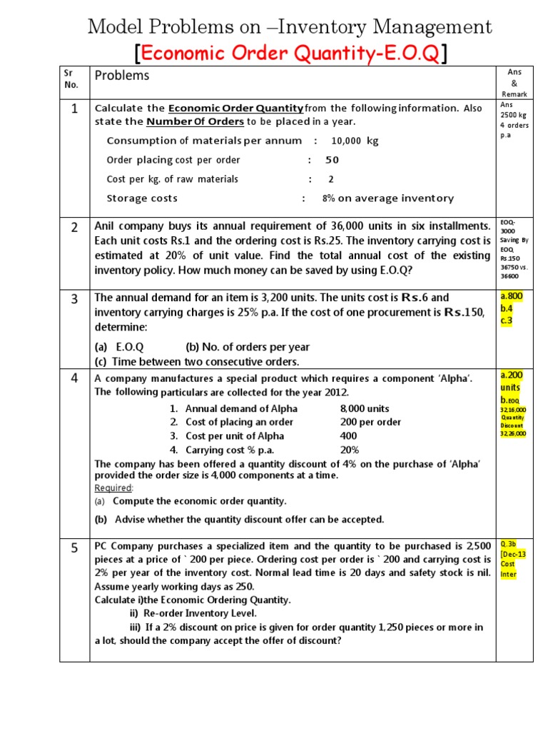 2.problems On EOQ - 14.12.2018 | PDF | Inventory | Production And Manufacturing