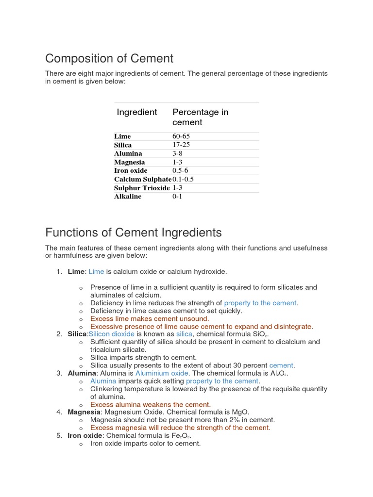 Composition of Cement: Ingredient Percentage in Cement | PDF | Silicon ...