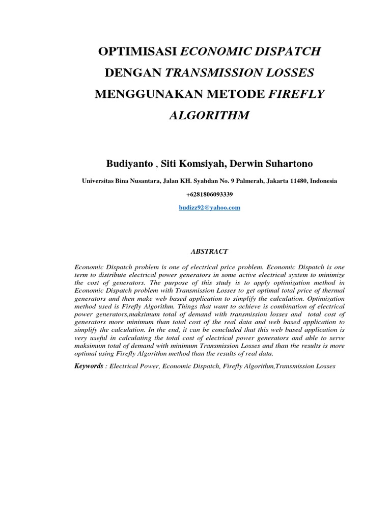 Optimizing Economic Dispatch With Transmission Losses Using Firefly Algorithm Pdf