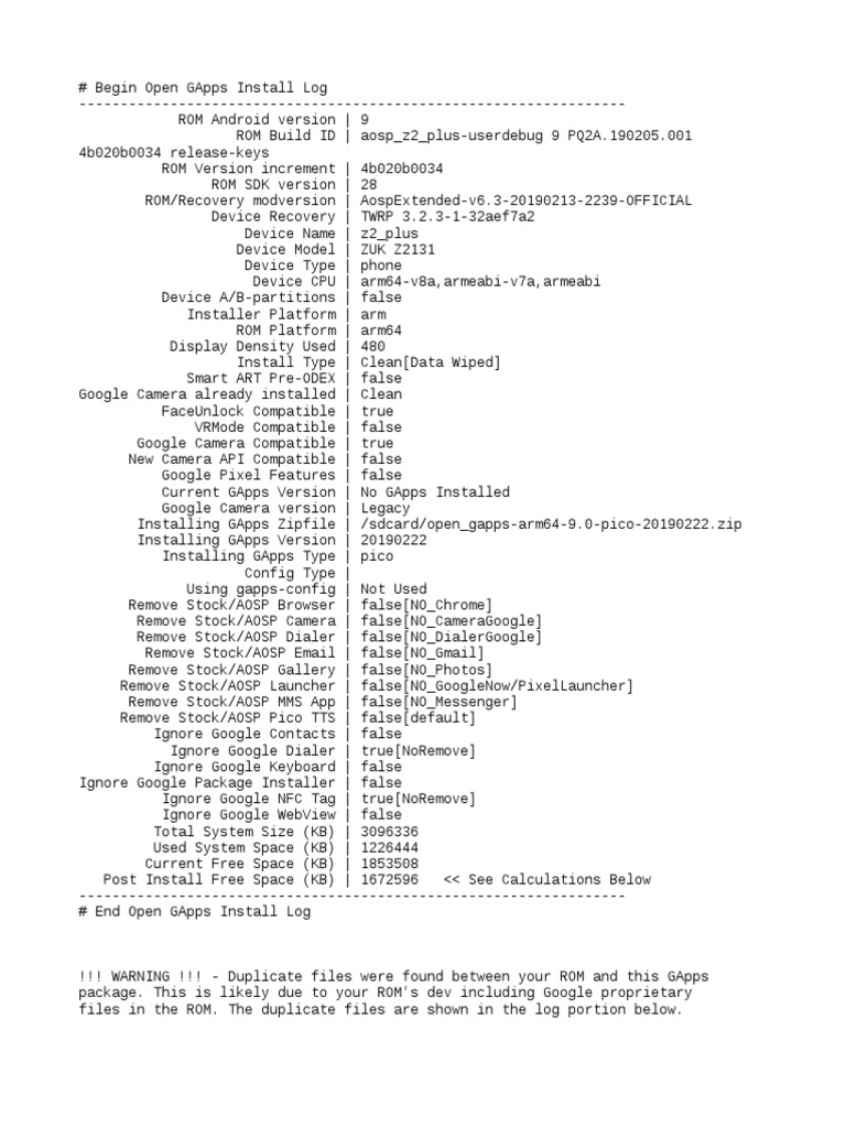 Open GApps Install Log for ZUK Z2131 with Android 9 and Pico GApps ...