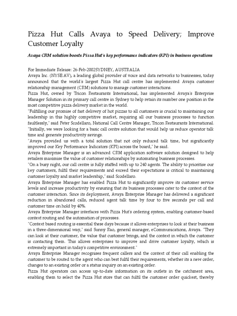 Pizza Hut | PDF | Customer Relationship Management | Call Centre