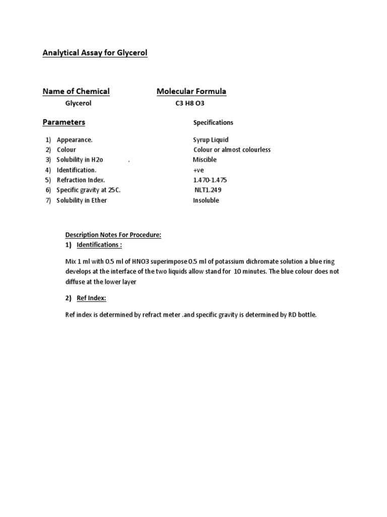 Analytical Assay For Glycerol: Glycerol C3 H8 O3 | PDF