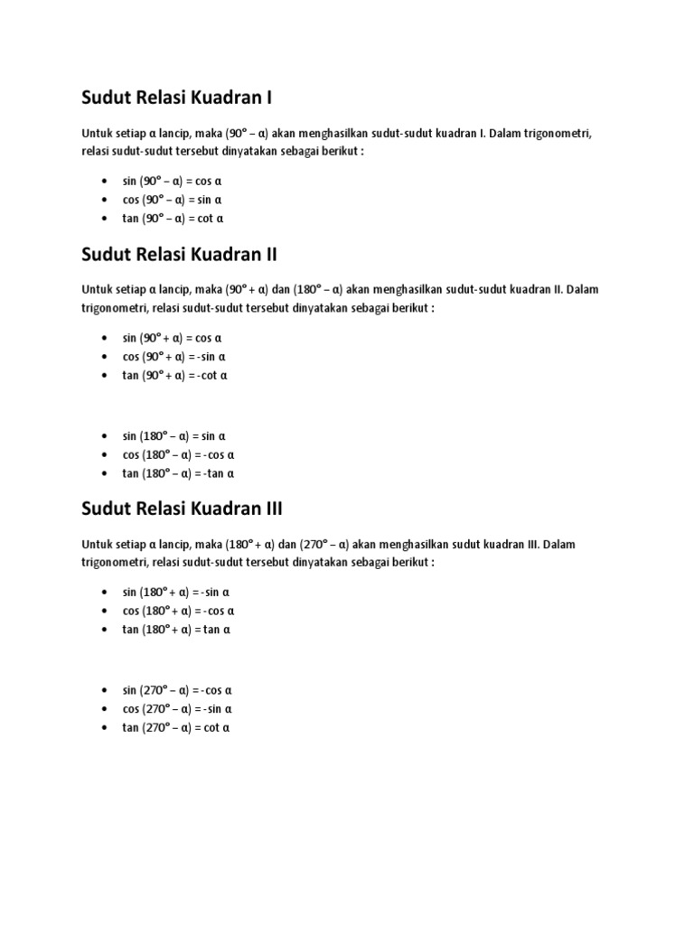 Relasi Sudut dalam Kuadran Trigonometri | PDF