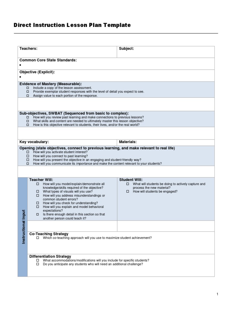 Direct Instruction Lesson Template 2017 1 - 2 | PDF | Educational ...