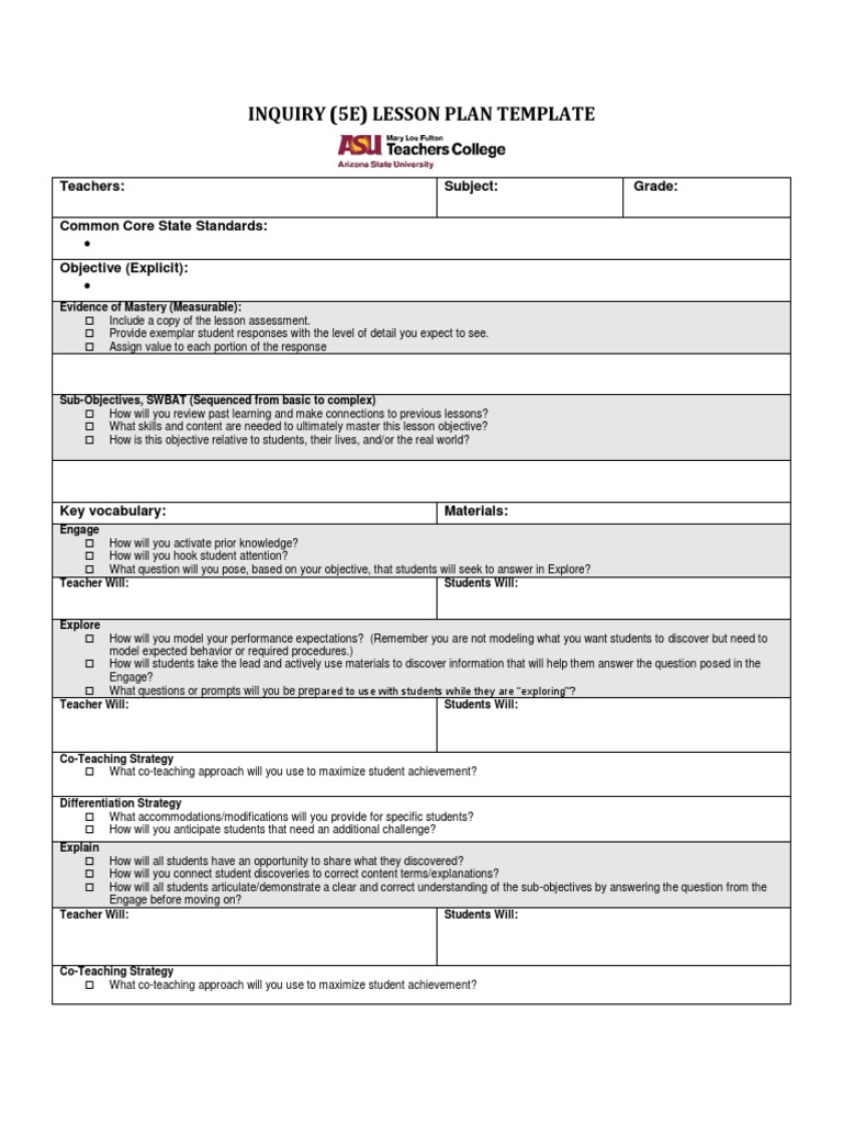 5E Lesson Plan Template for Teachers | PDF | Lesson Plan | Educational ...