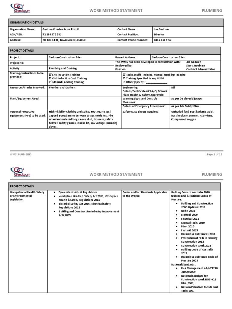 Work Method Statement Plumbing: Organisation Details | PDF | Risk ...