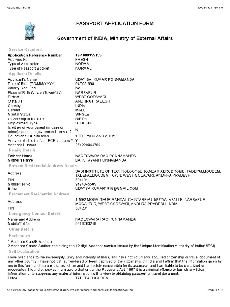 Passport Application Form Government of INDIA, Ministry of External ...
