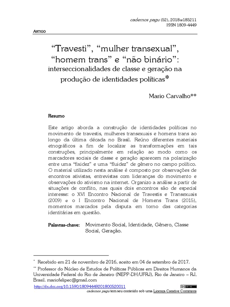 CARVALHO - Travesti Mulher Trans Homem Trans e Não-Binário PDF | PDF ...