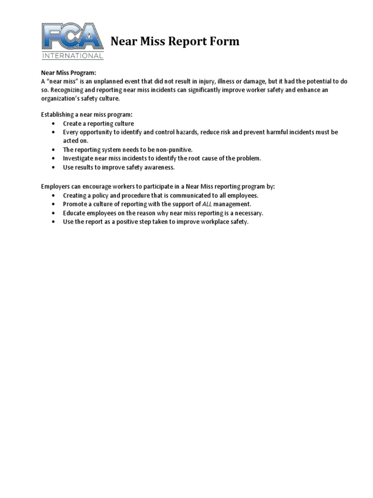 Fca Safety Form Near Miss Report Form - Original | PDF | Occupational ...