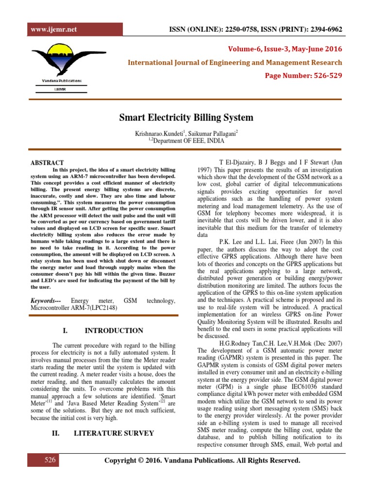 Smart Electricity Billing System: ISSN (ONLINE) : 2250-0758, ISSN ...