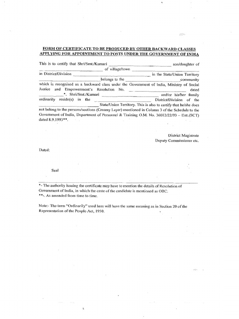 (Annex-III) OBC Certificate - Format | PDF