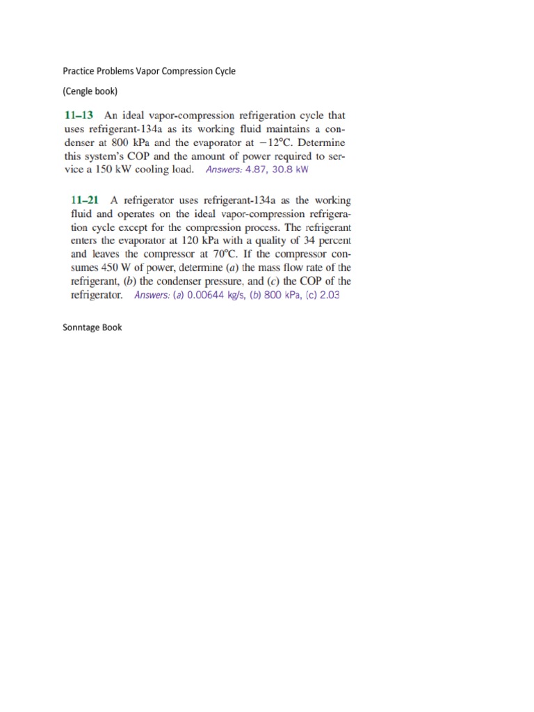 Practice Problems Vapor Compression Cycle | PDF