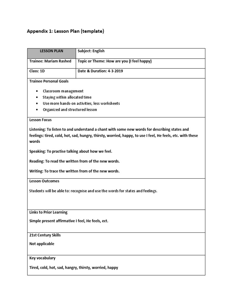 Appendix 1: Lesson Plan (Template) | Download Free PDF | Lesson Plan ...