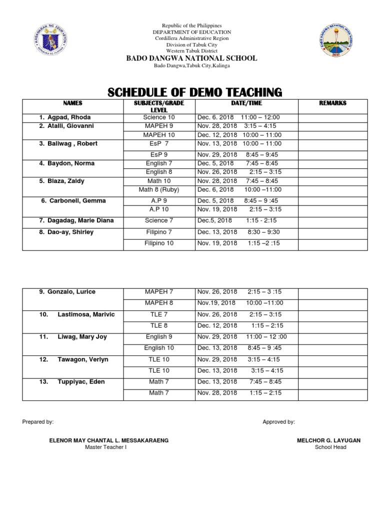 Schedule of Demo Teaching: Bado Dangwa National School | Download Free ...