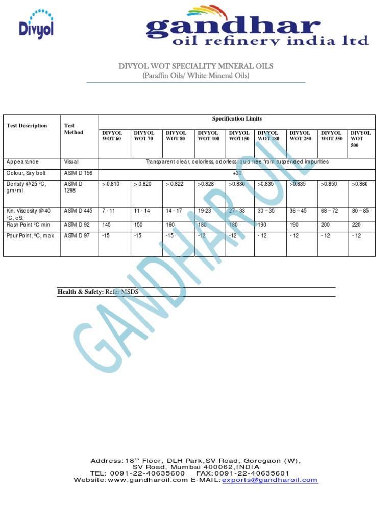 Pure Oil WOT Specifications | PDF | Chemical Process Engineering | Quantity