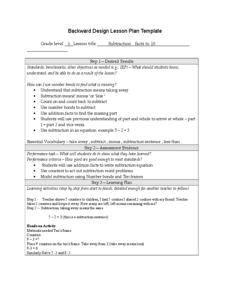 Backward Design Lesson Plan Template: Grade Level 1 Lesson Title ...