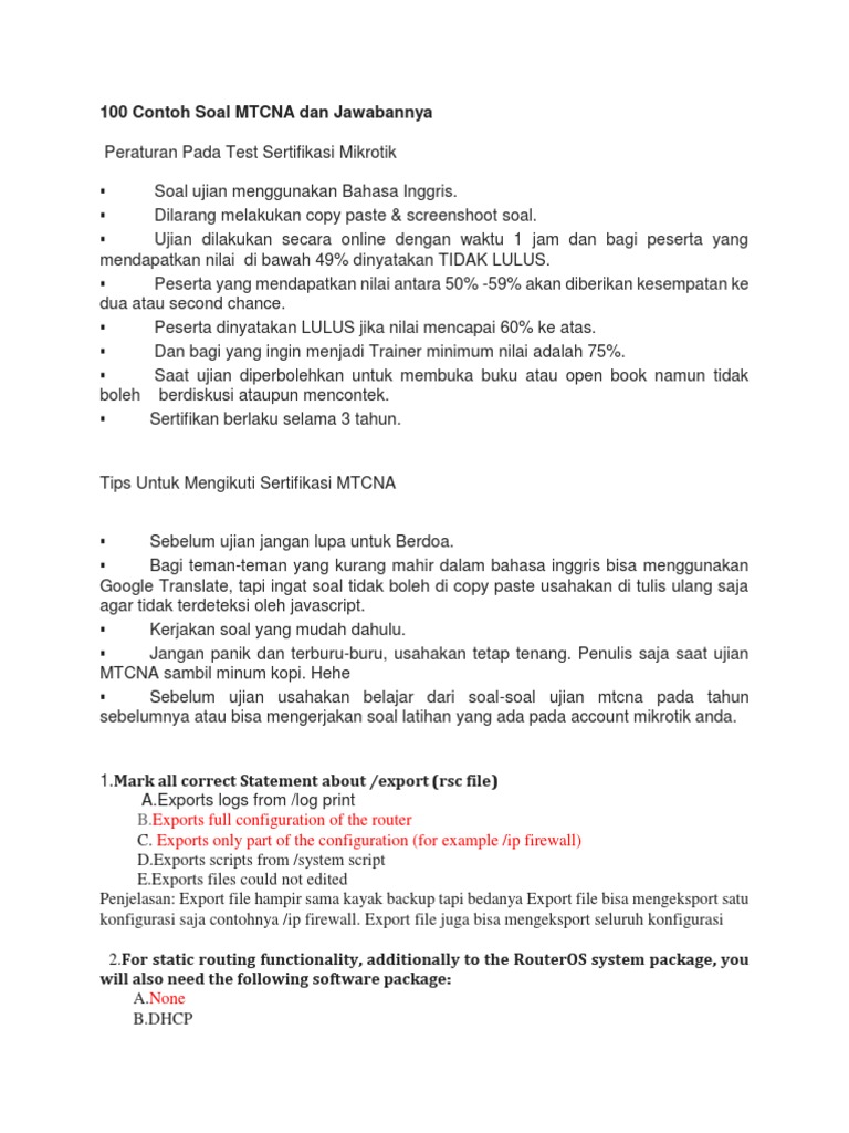 100 Contoh Soal MTCNA Dan Jawabannya | PDF | Komputer