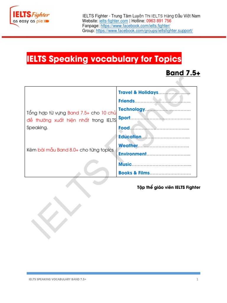 IELTS Speaking Vocabulary For Topics Band 7.5+ - IELTS Fighter PDF ...