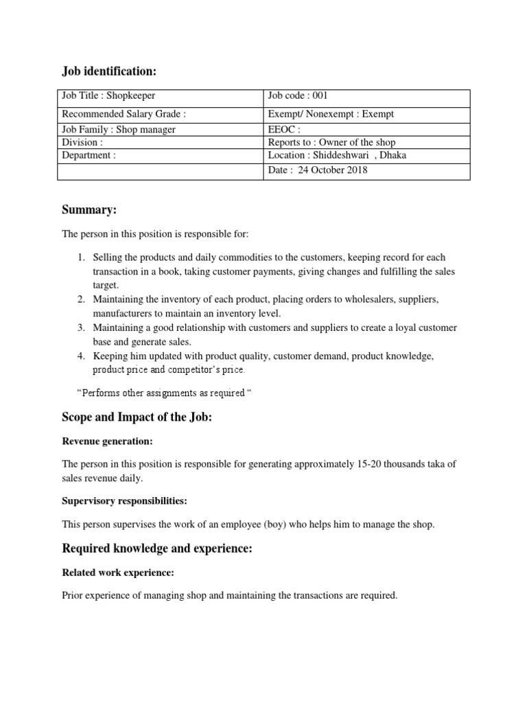 Shopkeeper Role Overview | PDF | Sales | Retail