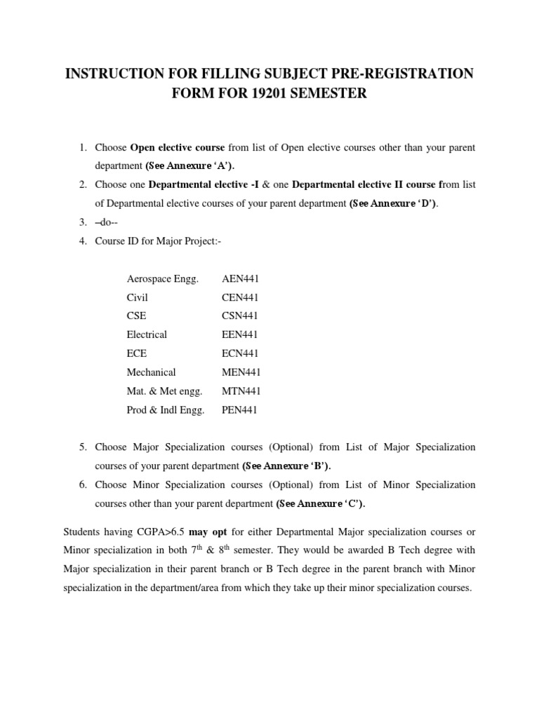 Instruction For Filling Subject Pre | PDF