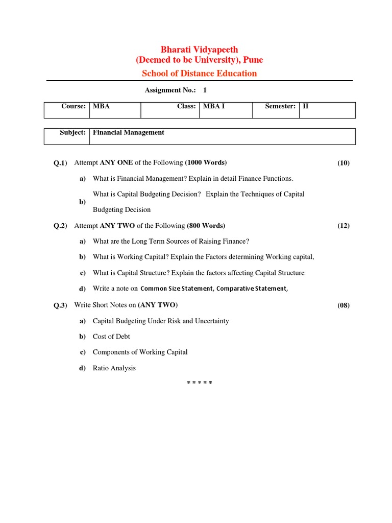 Sde Assignment Financial Management MBA SEM II SET I PDF | PDF